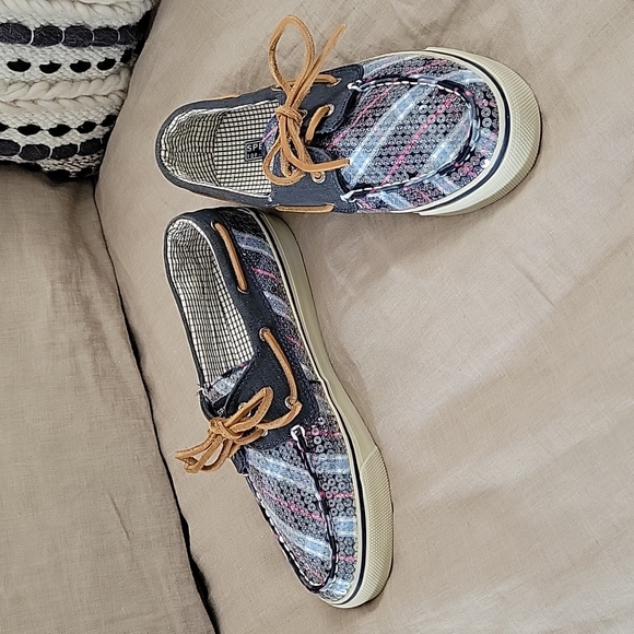Sperry | Shoes | Sperry Topsider Bahama Bluepink Plaid Sequin Slip On ...